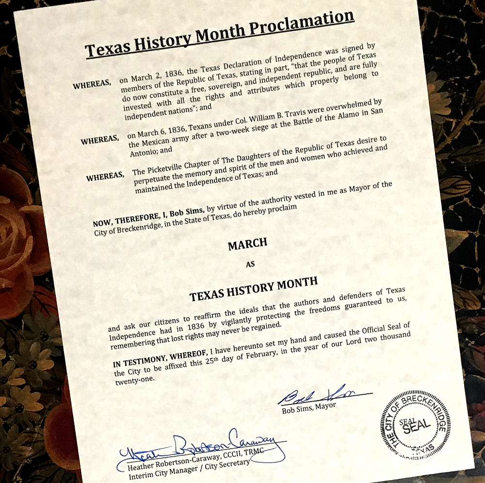 Breckenridge Mayor declares March as Texas History Month - Breckenridge ...