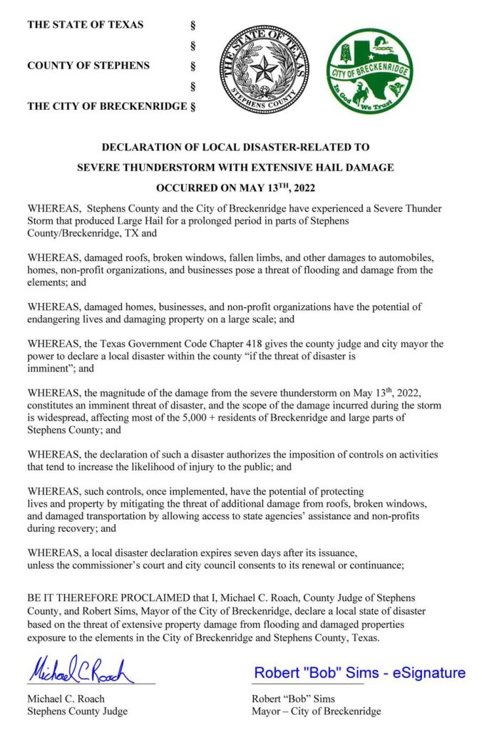 Disaster declaration issued for Breckenridge, Stephens County due to ...